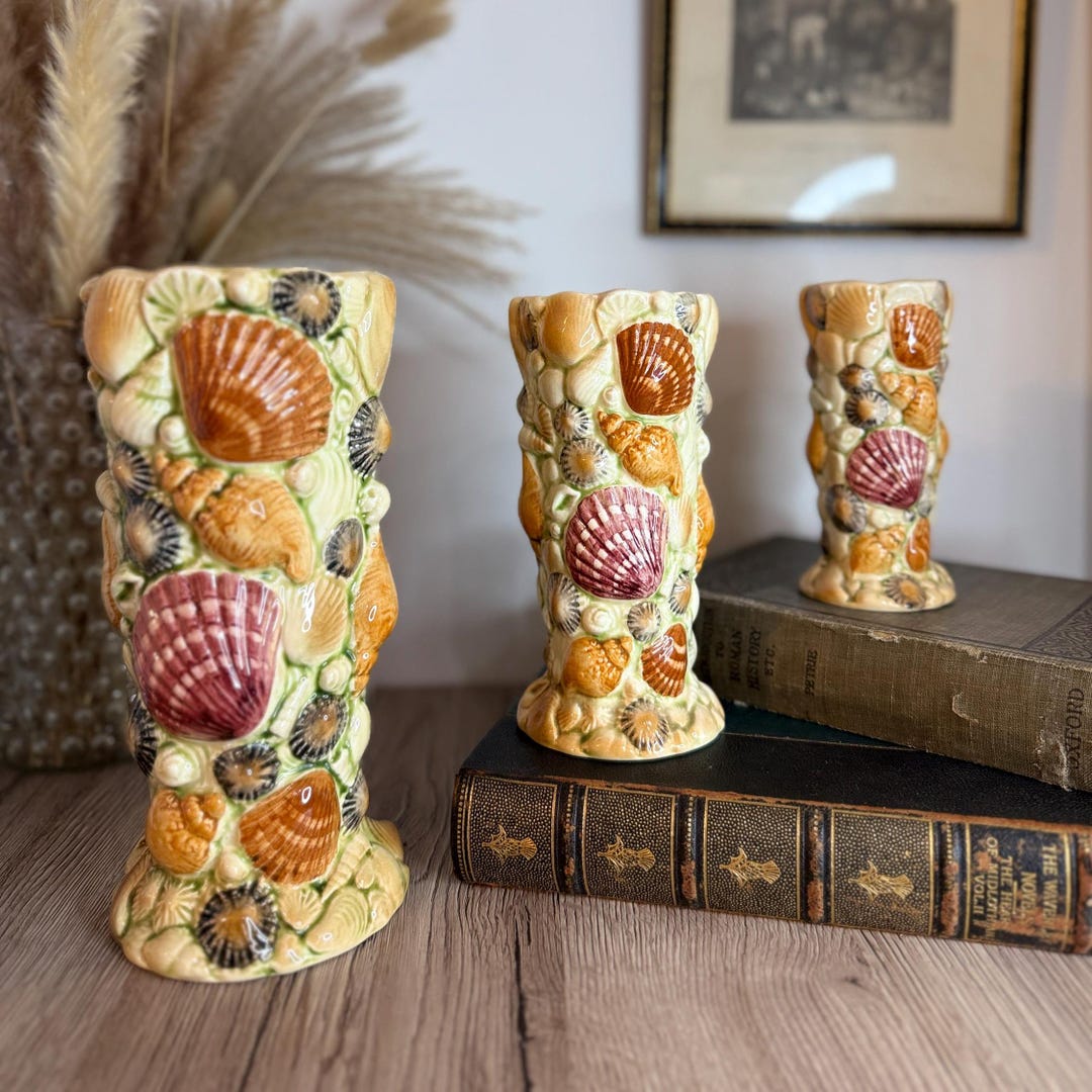 Sylvac Shell 4152 Trio of Vases Set of 3 Different Size Vintage Sylvac Vases Coastal Sea Shell ...