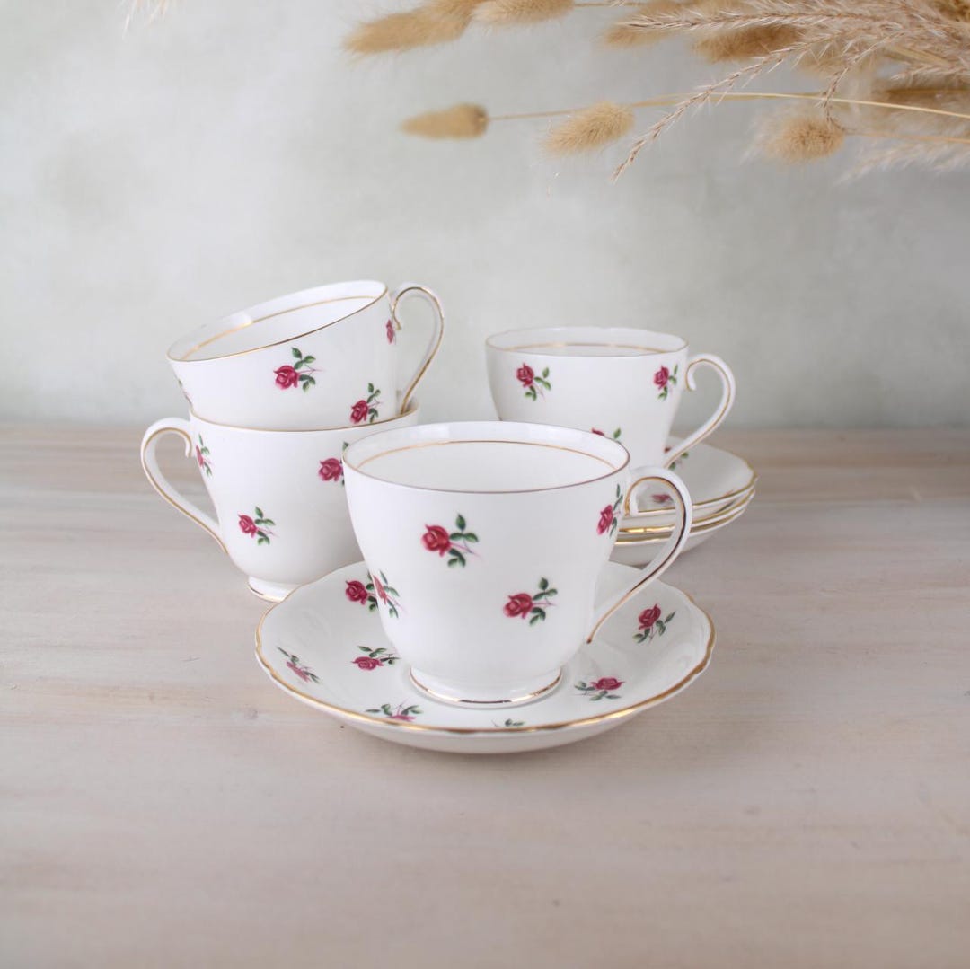 Set of 4 Colclough Large Pink Floral Teacups and Saucers | Vintage Pink ...