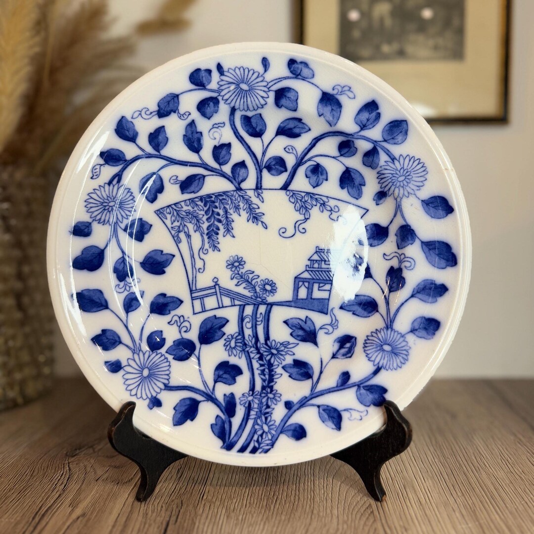 Antique Minton Blue and White Leaf Floral Plate Wall Cabinet Decor ...
