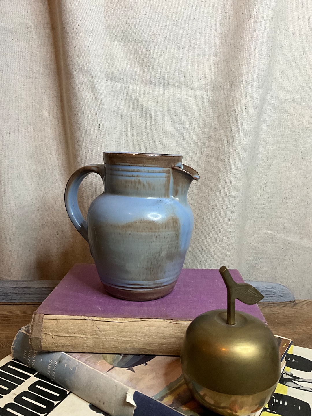 Vintage JK Hand Painted Ceramic Jug Water Pitcher Blue Glaze Vase ...