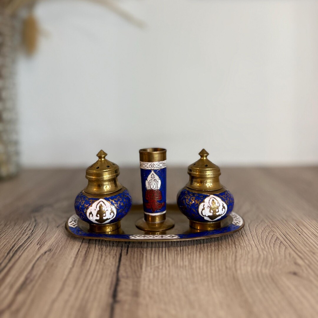 Vintage Brass Enamel Salt Pot Set | Indian Style Spice Storage - Etsy