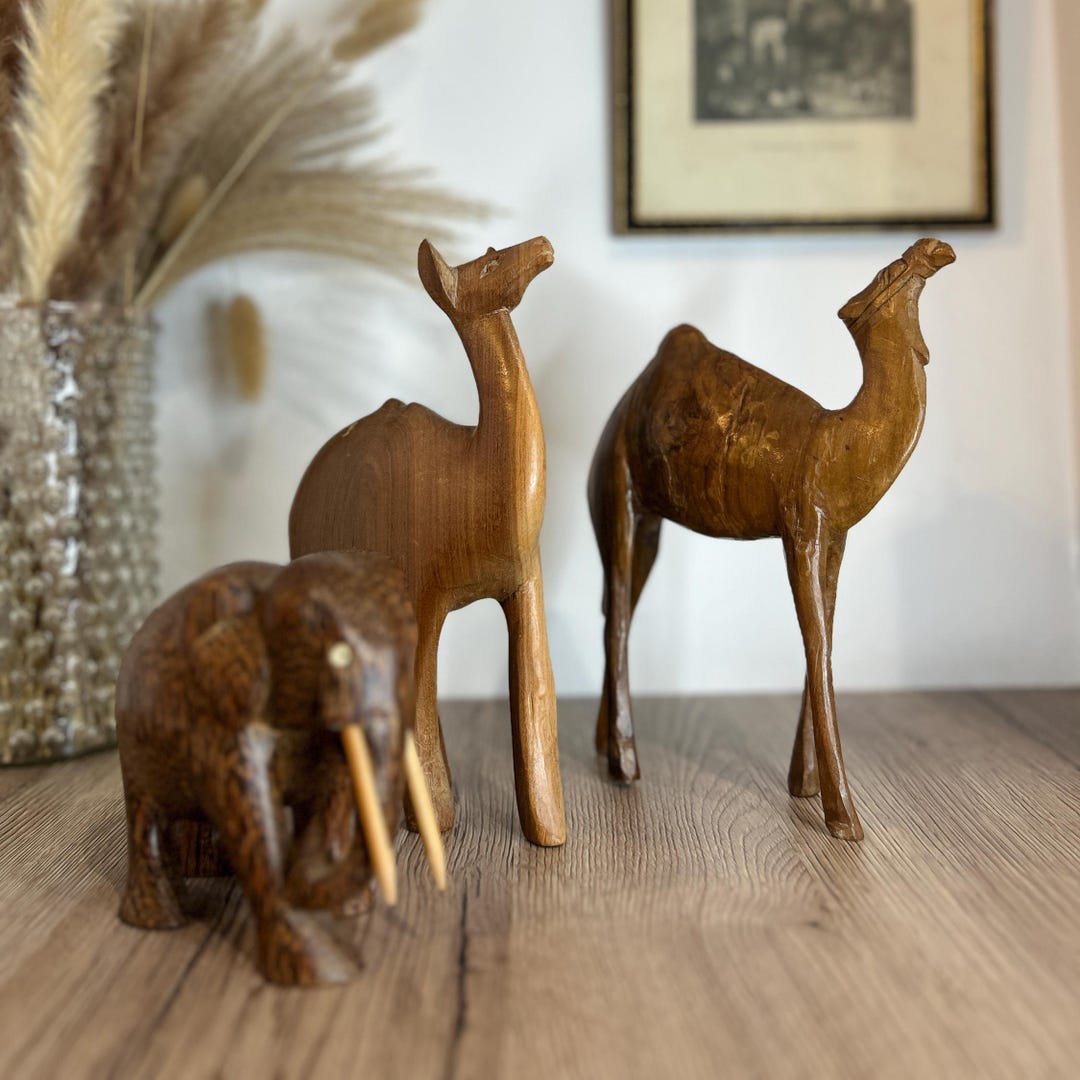 Set of 3 African Hand Carved Wooden Animals Camel Elephant African ...