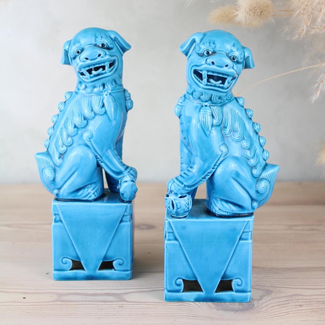Vintage Blue Chinese Fu Dog Figurines | Mantle Decor, Pair - Etsy