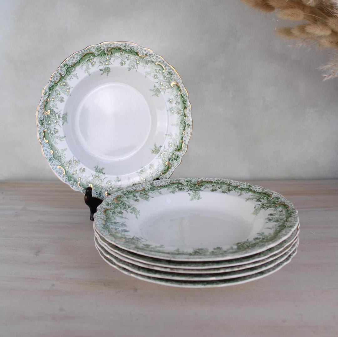 Set of 6 Waterloo Potteries Cromer Pasta Bowls in Green Leaf Design ...
