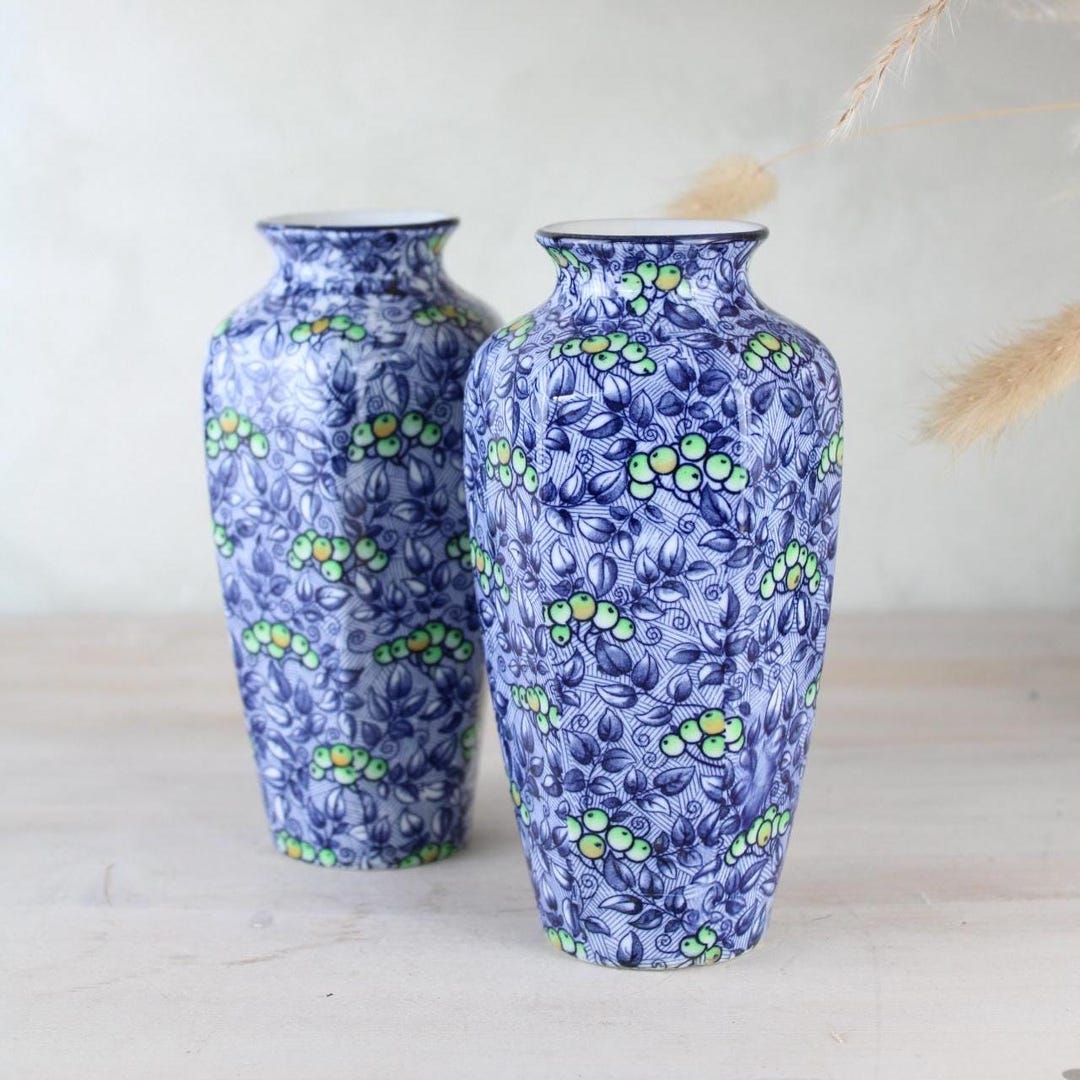 Pair of Furnivals Nowan Vases | Small Blue Vintage Ornate Vases ...