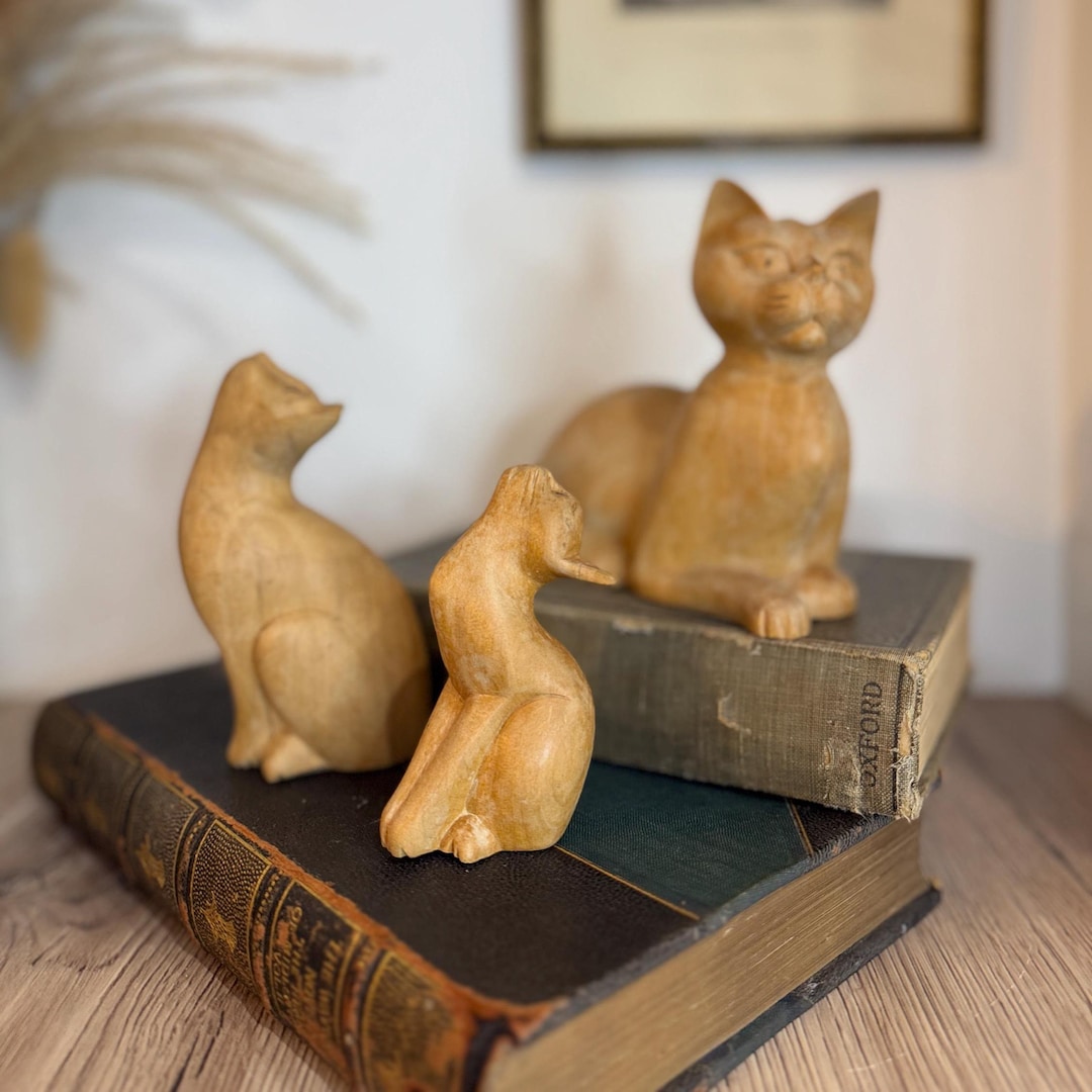 Set of 3 Wooden Cats | Vintage Country & Farmhouse Style Hand Carved ...