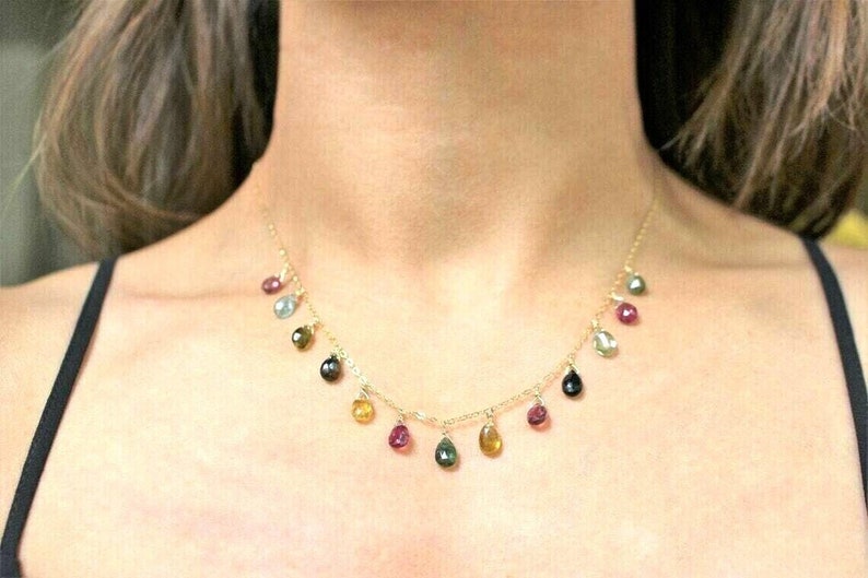 14k Solid Gold YWR Multi Pink Blue Green Tourmaline Briolette - Etsy