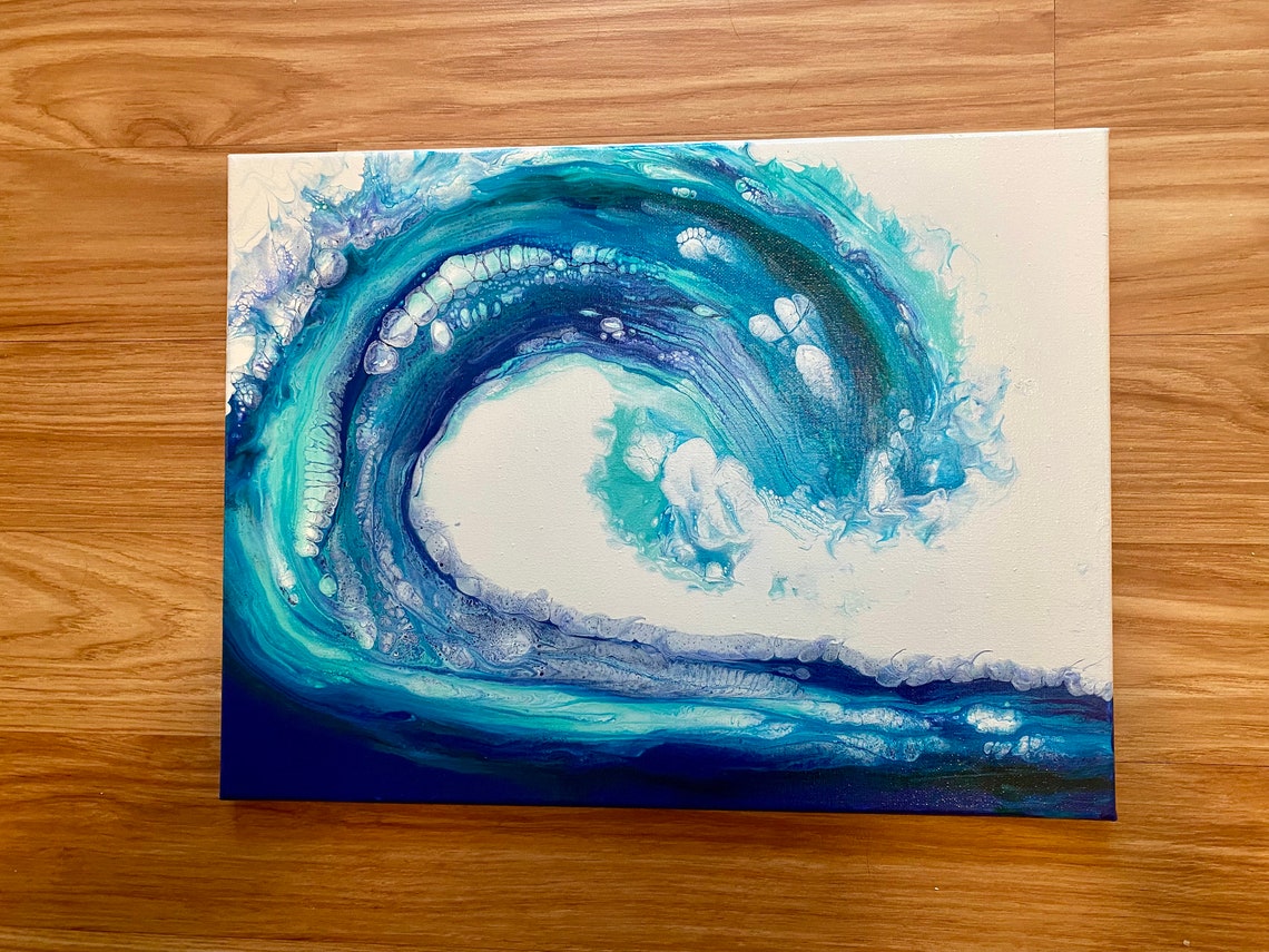 Blue Ocean Wave Acrylic Pour Painting – Abstract Beach Wall Art (12x16 ...