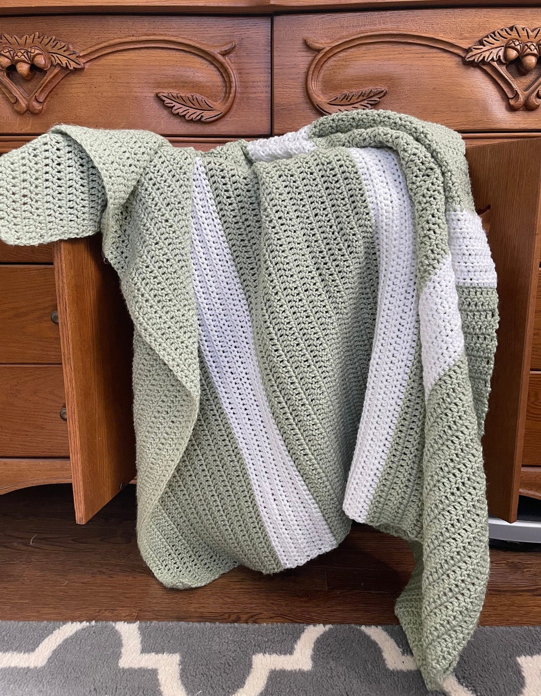 Sage Green and White Crocheted Throw Blanket - Etsy