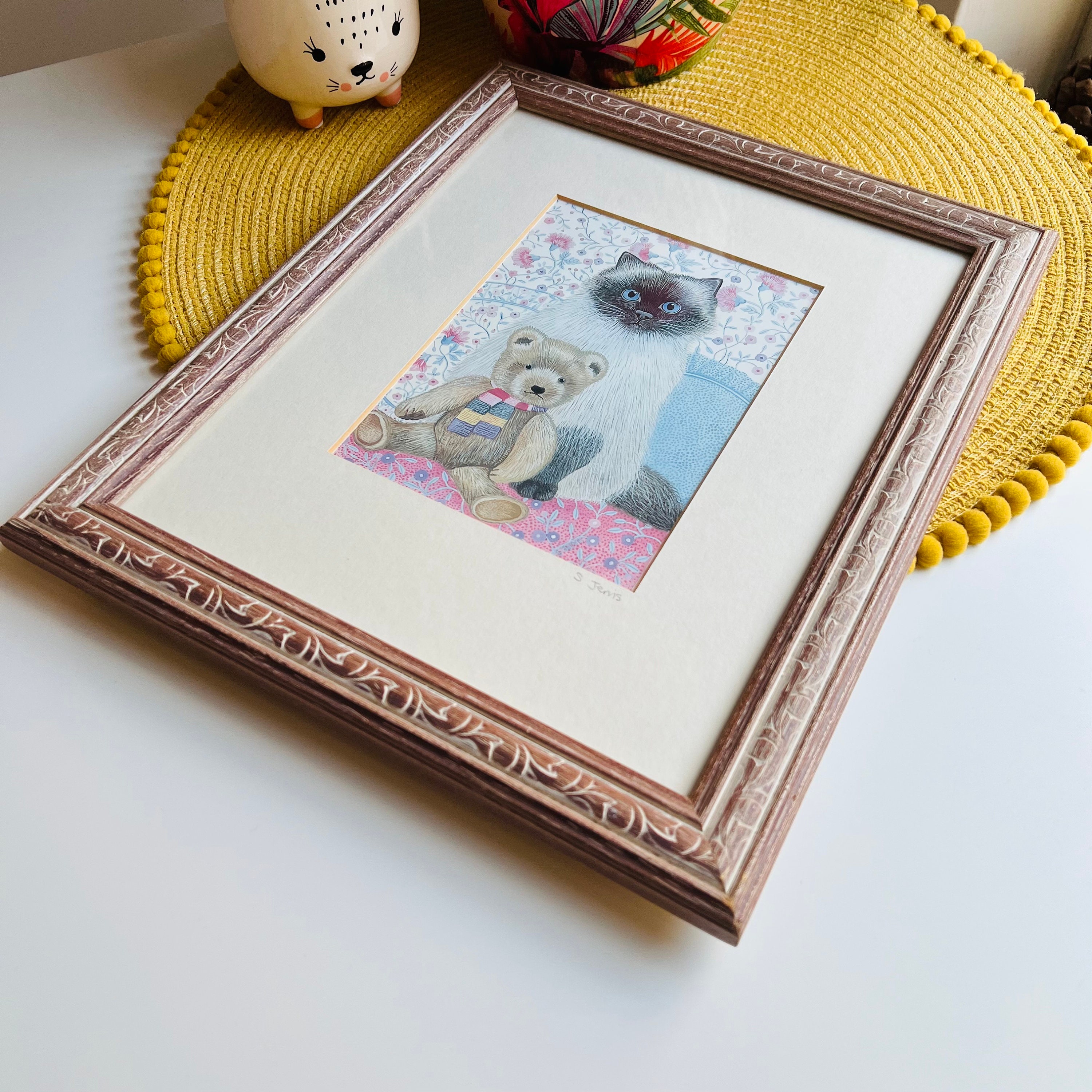 Vintage Cat & Teddy Bear Aquarelle Peinture par Sharon Jervis, Chat ...