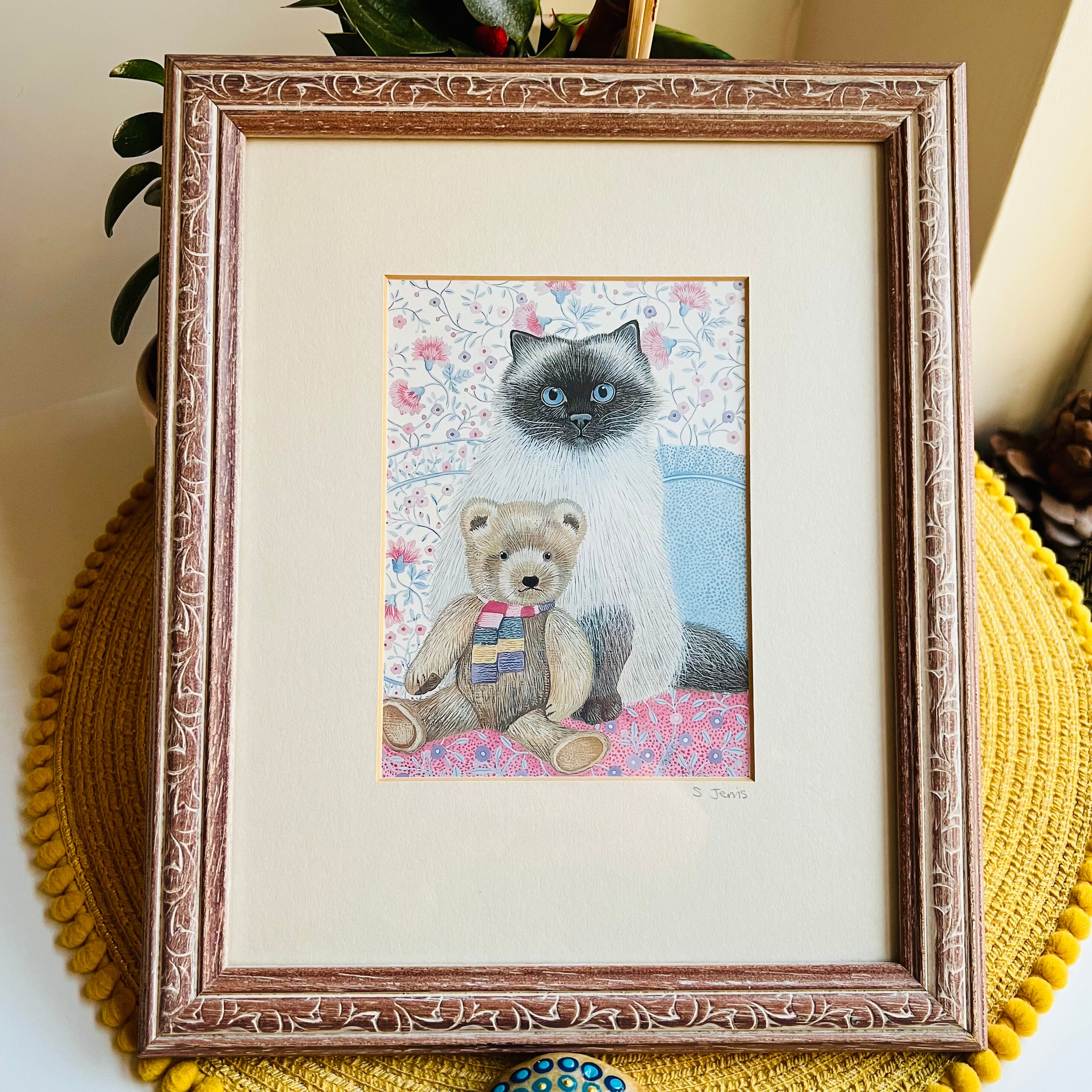 Vintage Cat & Teddy Bear Aquarelle Peinture par Sharon Jervis, Chat ...