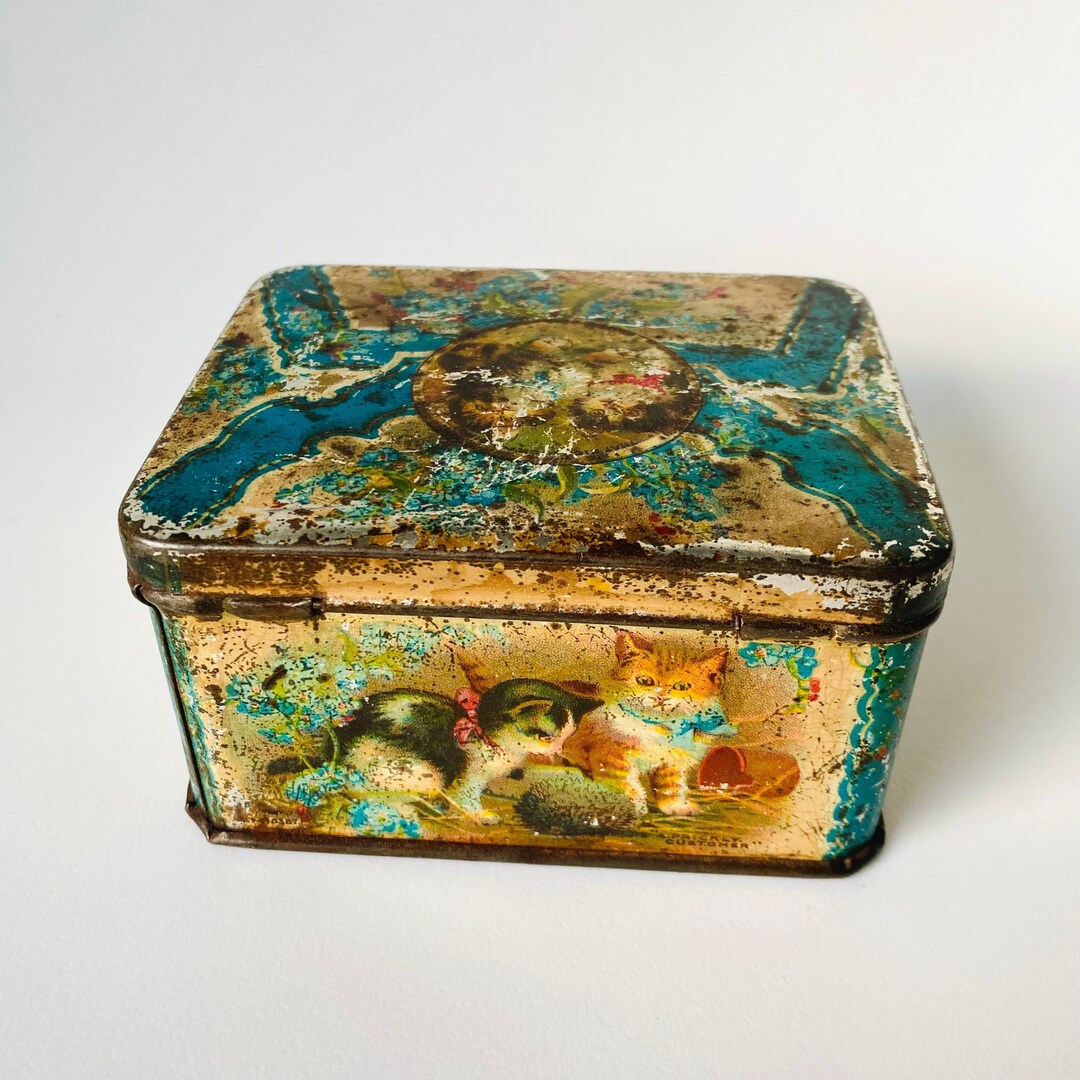 Antique 1900s Cat Playful Kitty Tin Can Box, Lithography Vintage Old ...