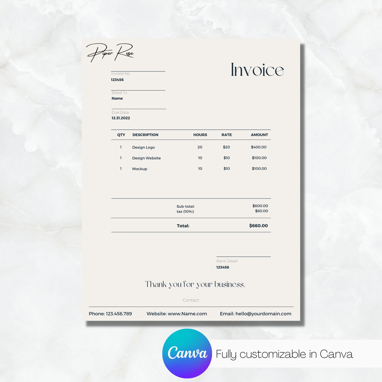 Invoice Template Editable Canva Invoice Minimalist Invoice | Etsy