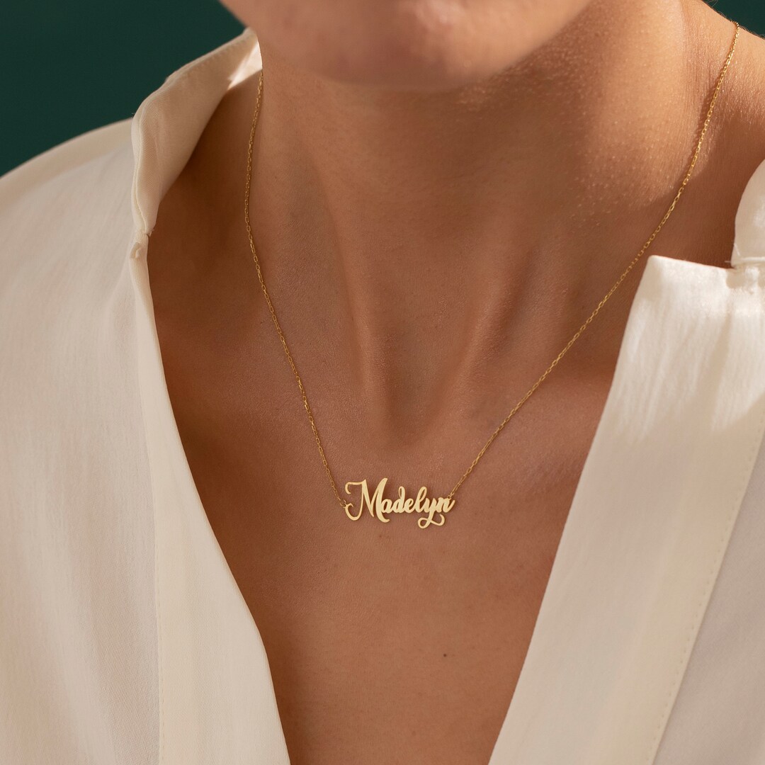 14K Yellow Gold Name Necklace, Gold Name Plate Necklace, Custom ...