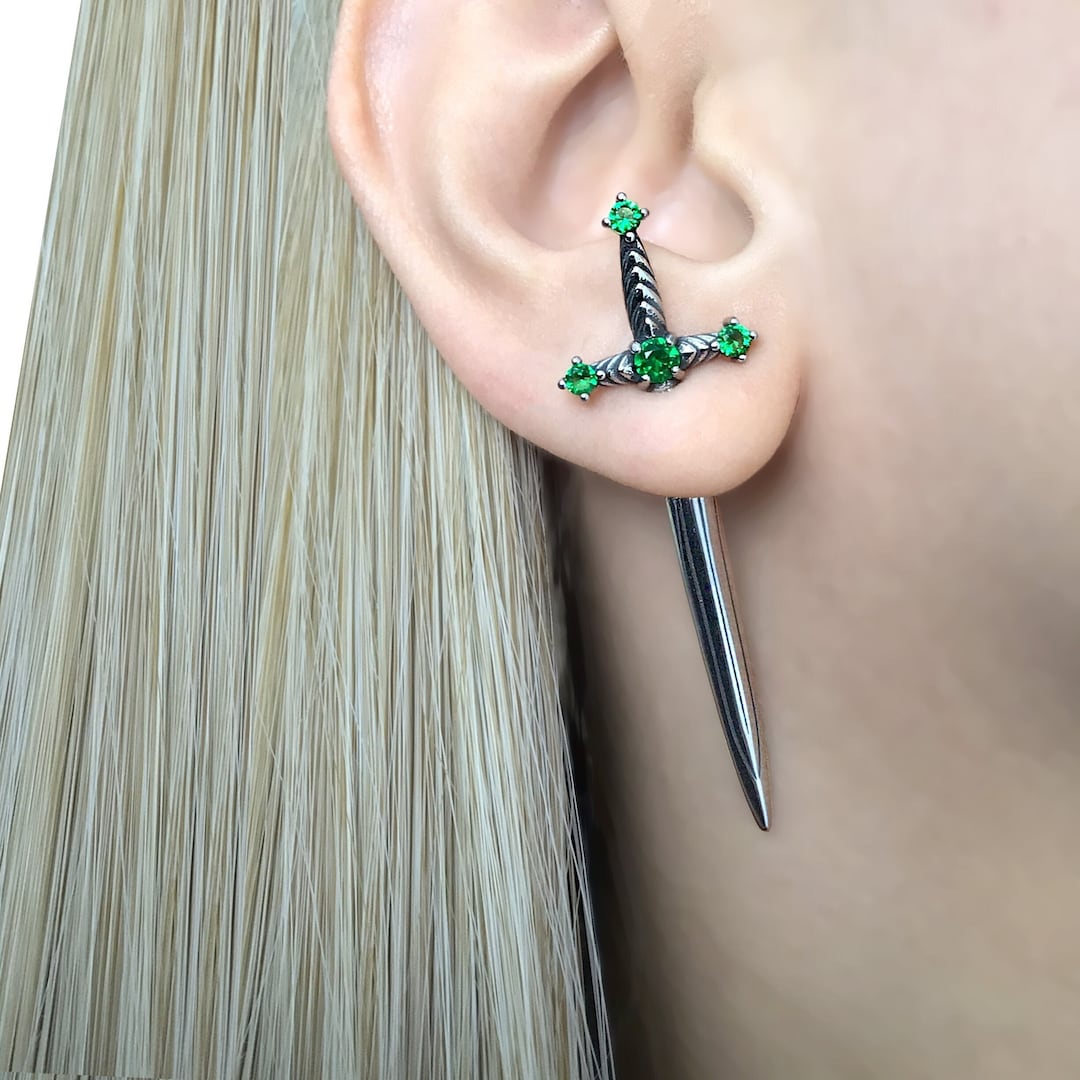 Emerald Sword Earrings, Sword Earrings, Ear Jacket Earrings, Gothic Earrings, Edgy Earring ...