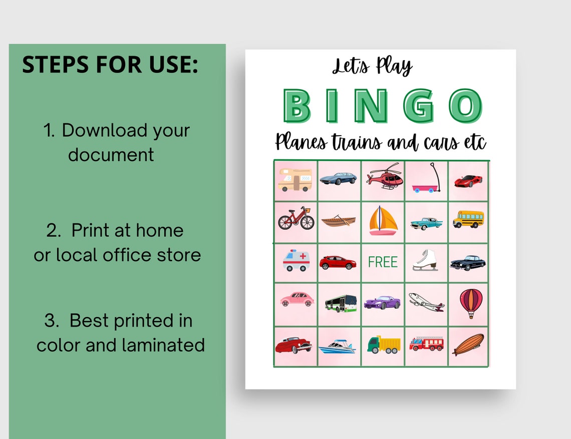 Bingo Game for Kids Featuring Transportation; Printable Bingo Game With ...