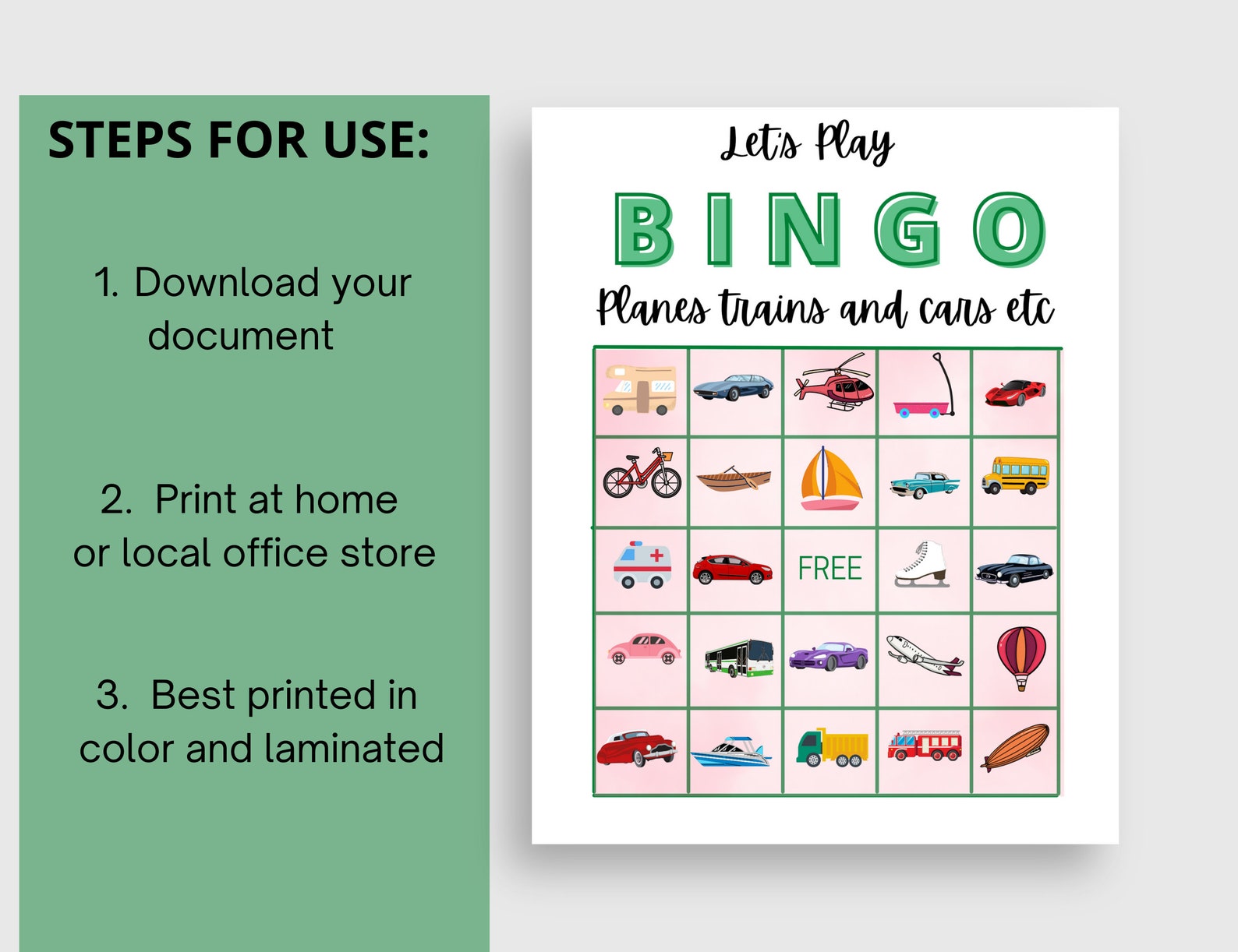Bingo Game for Kids Featuring Transportation; Printable Bingo Game With ...