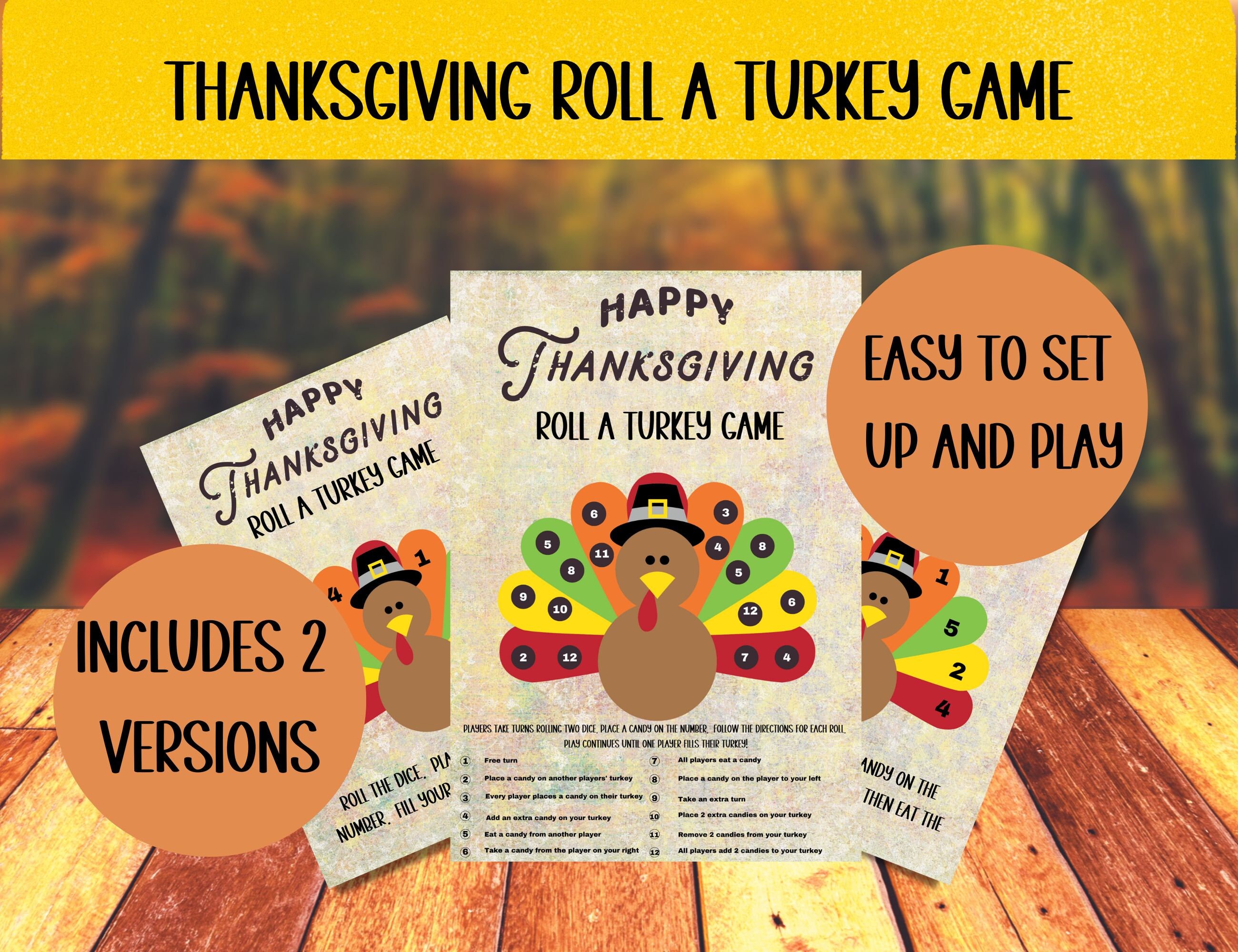 Thanksgiving Roll a Turkey Family Game, Easy and Hard Variation ...