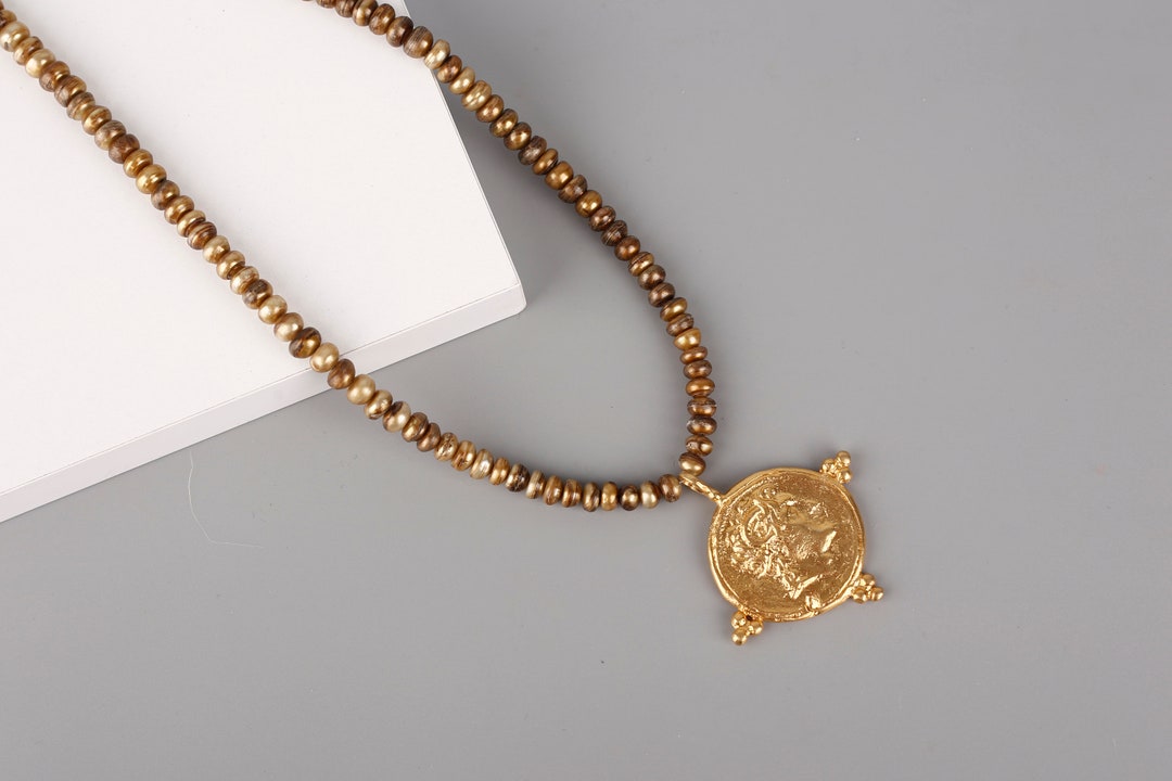 Roman Caesar Gold Coin Necklace,unique Necklace,vintage Necklace,pearl ...
