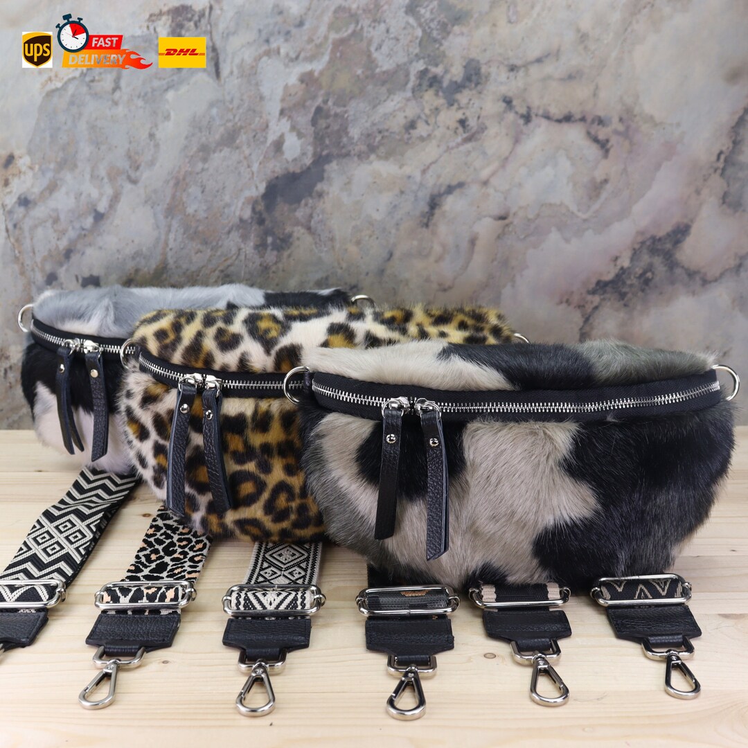 Plush Leopard Fanny Pack: Leather Crossbody Bag With Patterned Strap - Etsy