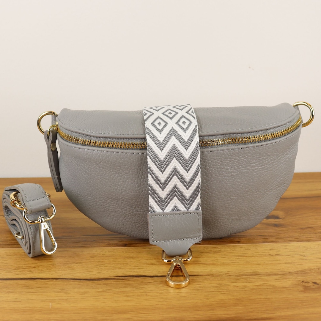 Leather Crossbody Belt Bag With Gold Zipper & Patterned Strap - Etsy
