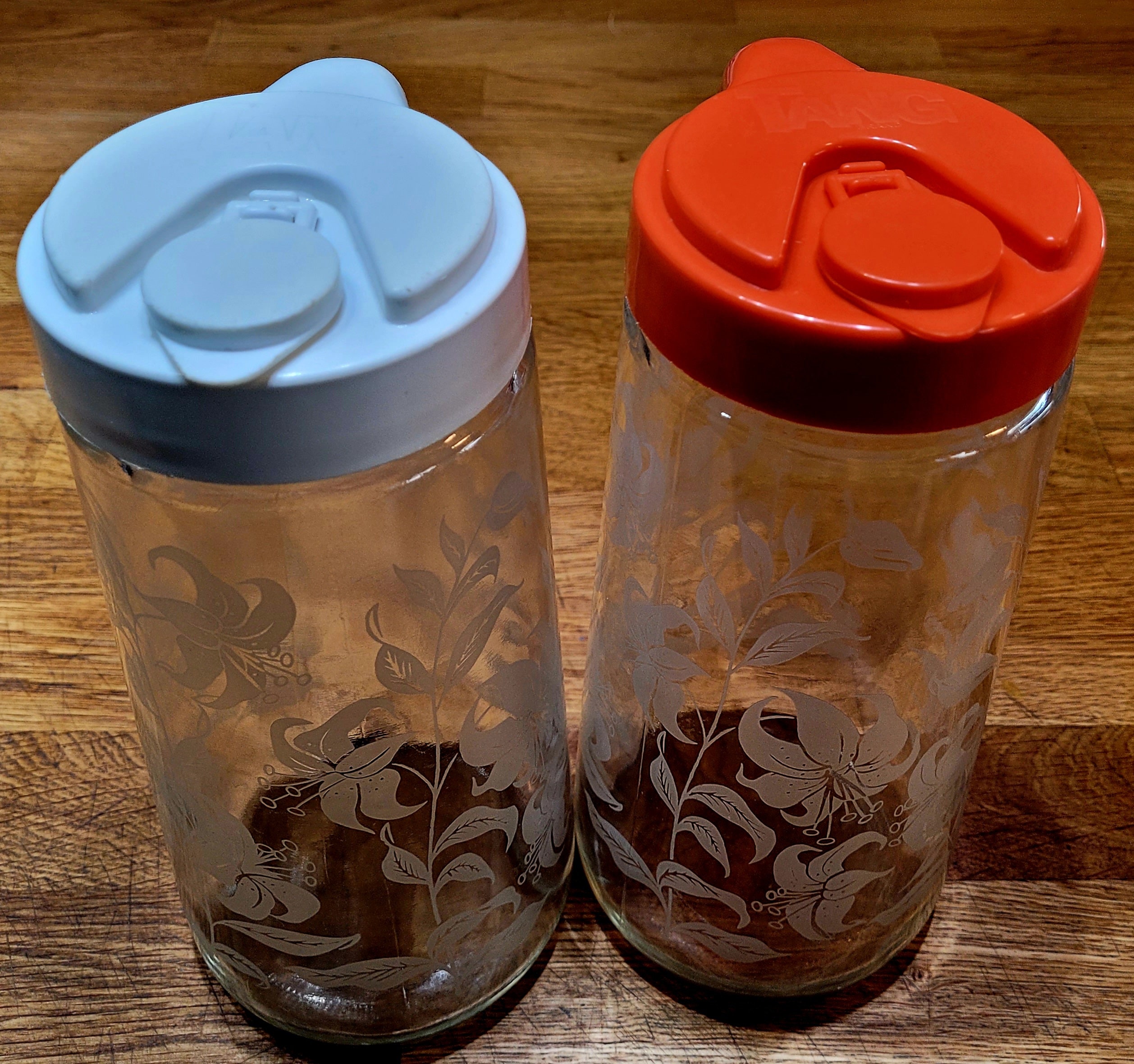 Vintage Tang Juice Pitcher/decanter , One With White Lid and One With ...