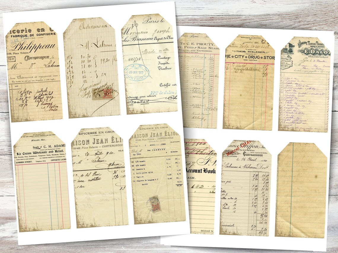 VINTAGE TAGS Digital Download, 18 Printable Vintage Receipt Invoice ...