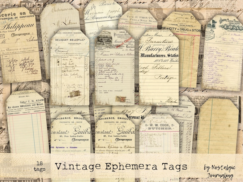 VINTAGE TAGS Digital Download, 18 Printable Vintage Receipt Invoice ...