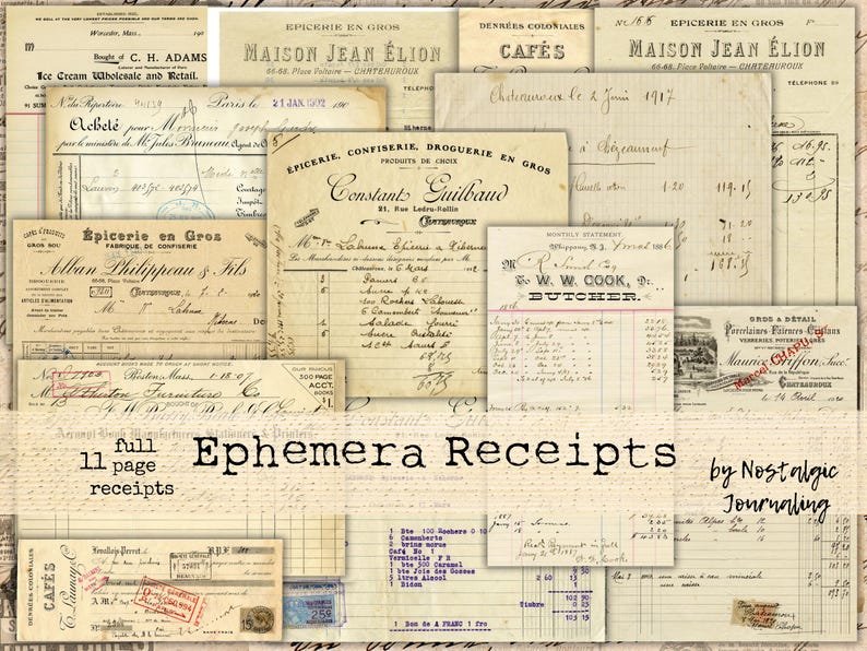 VINTAGE RECEIPTS Digital Download, 11 Pgs of Printable Vintage Receipts ...