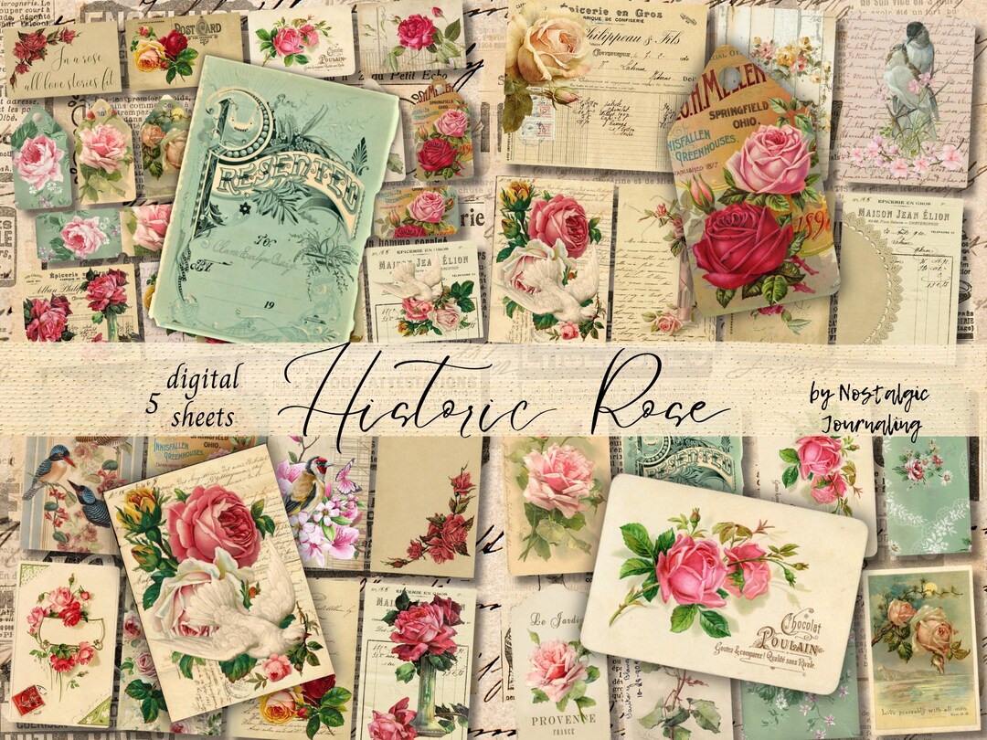 HISTORIC ROSE Tags Digital Download, Printable Snippets Kit for Junk ...
