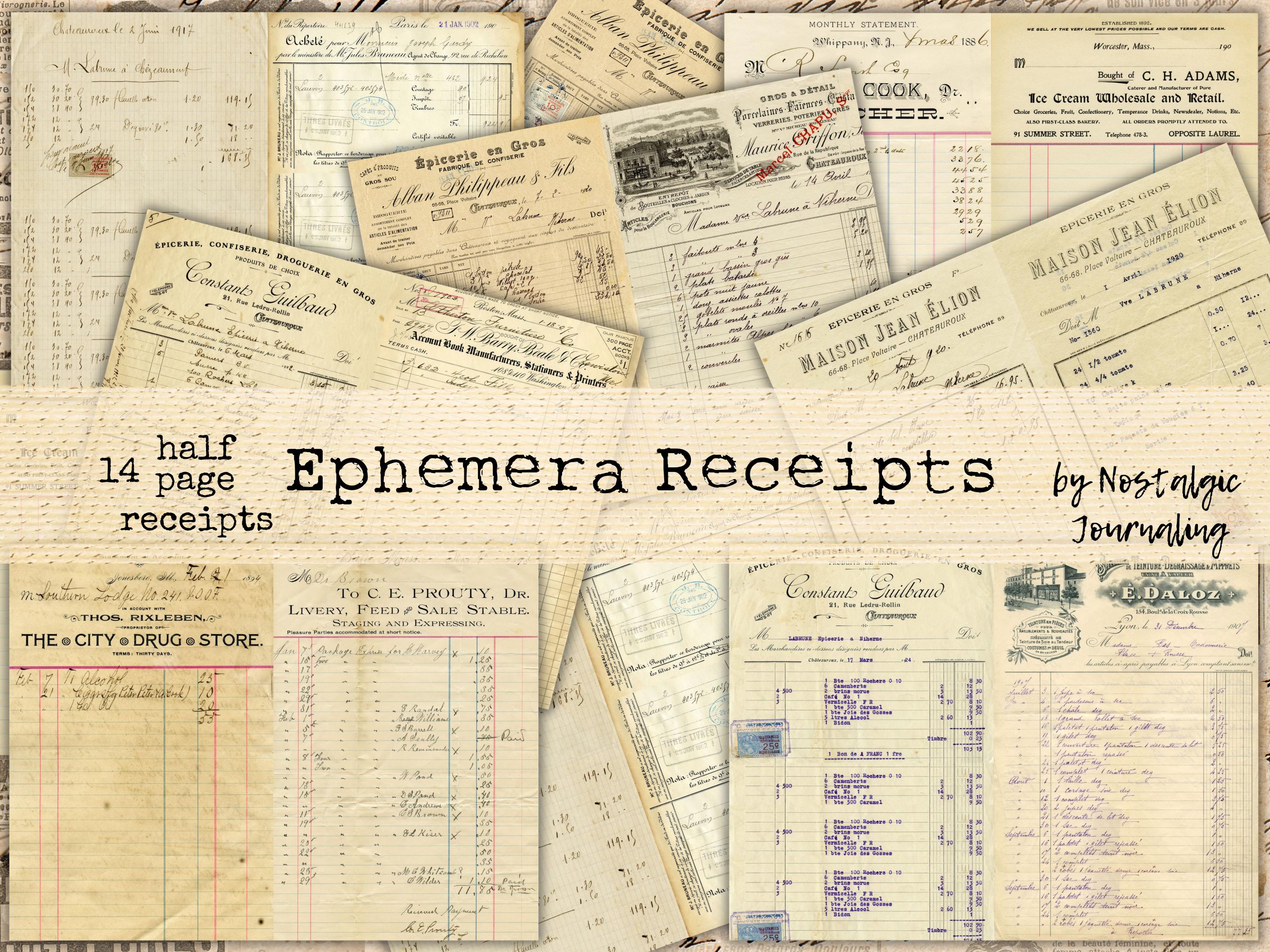 VINTAGE EPHEMERA RECEIPTS Digital Download Kit, 7 Pages of Printable ...