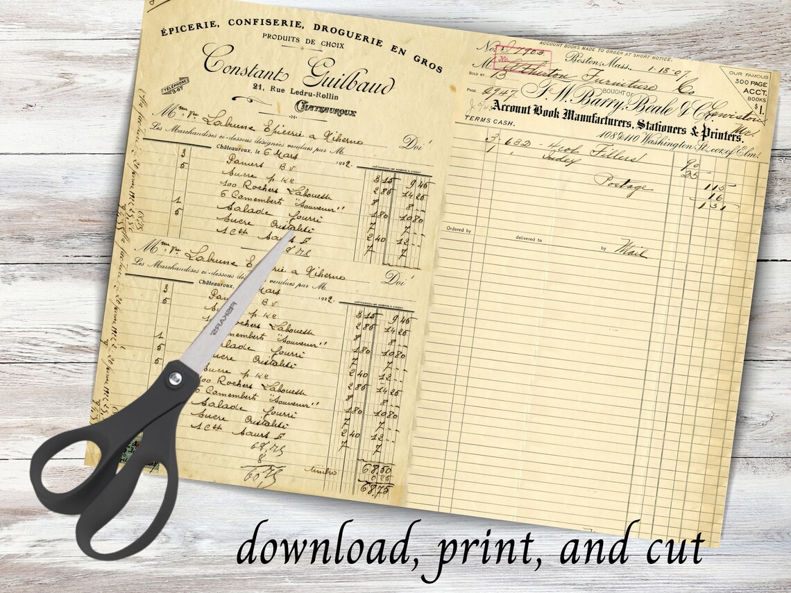 VINTAGE EPHEMERA RECEIPTS Digital Download Kit, 7 Pages of Printable ...