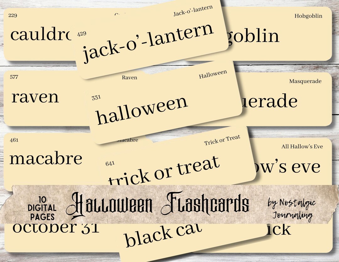 HALLOWEEN FLASHCARDS Digital Download, 24 Large Vintage Inspired Word ...