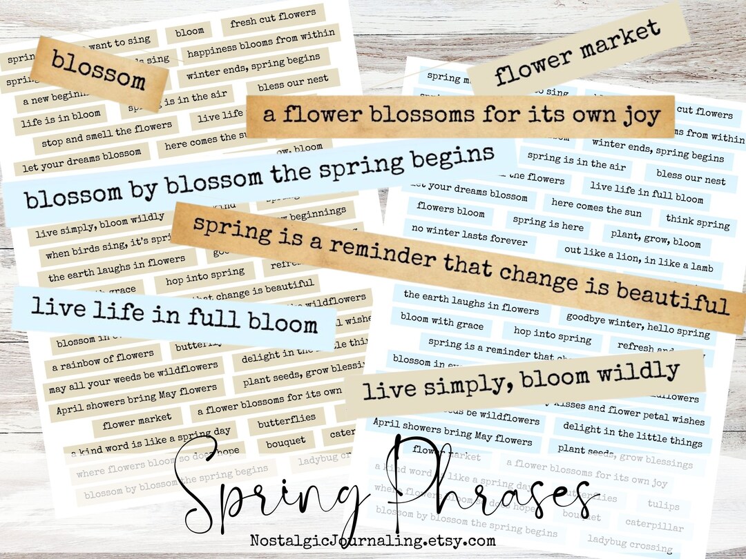 SPRING PHRASES Digital Words, Printable Junk Journaling Words, Collage ...