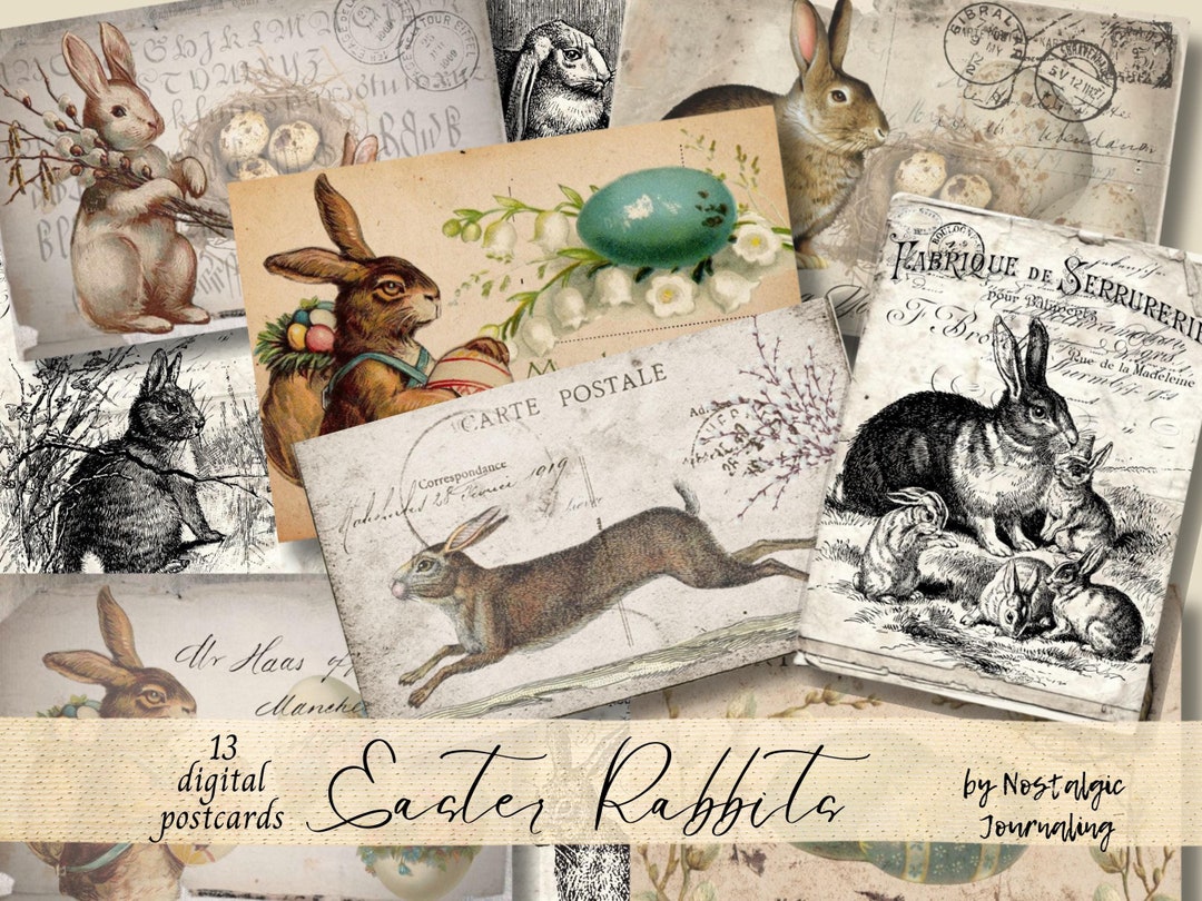 EASTER RABBITS Digital Download Postcards, Printable Junk Journal Tucks ...