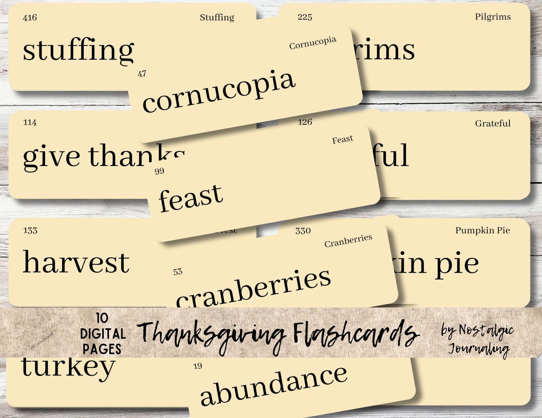 THANKSGIVING FLASHCARDS Digital Download, 12 Large Vintage Inspired ...