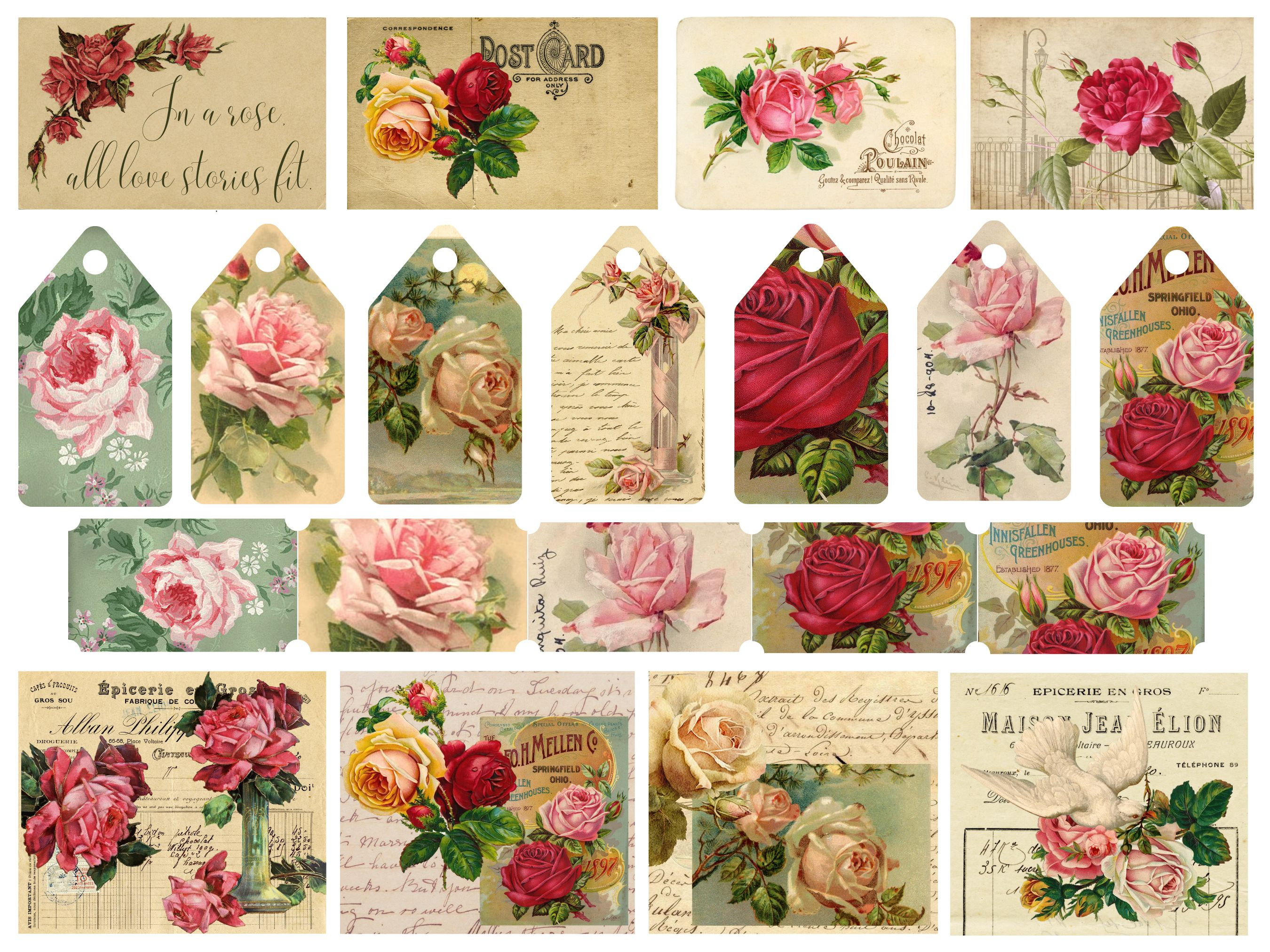HISTORIC ROSE Tags Digital Download, Printable Snippets Kit for Junk ...