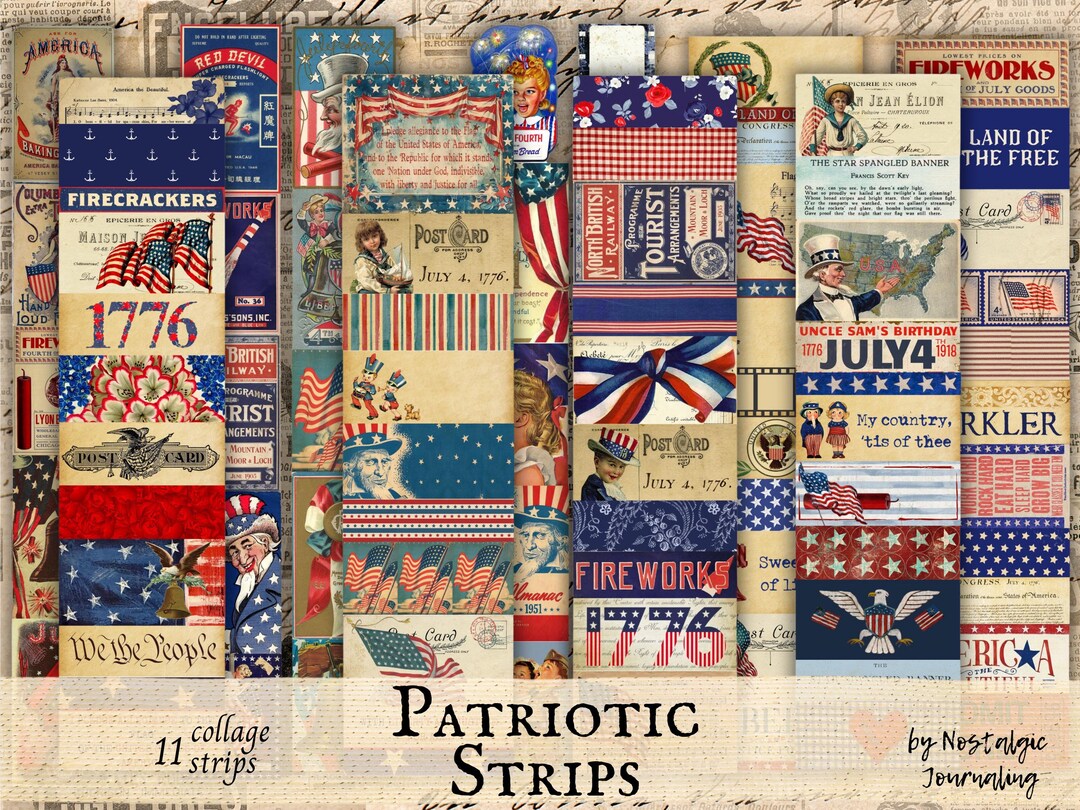 PATRIOTIC COLLAGE STRIPS Digital Download, Vintage Ephemera Snippets ...