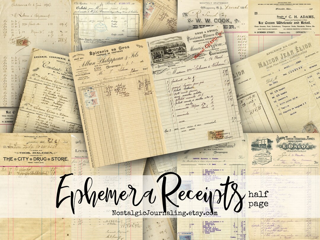 VINTAGE EPHEMERA RECEIPTS Digital Download Kit, 7 Pages of Printable ...
