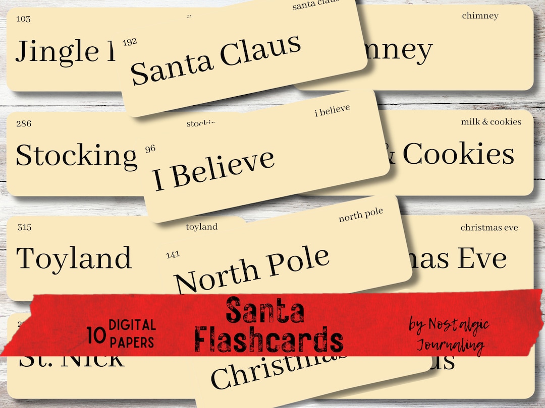 SANTA FLASHCARDS Digital Download, 12 Large Vintage Inspired Word ...