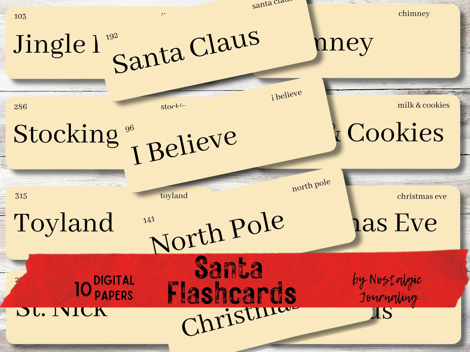 SANTA FLASHCARDS Digital Download, 12 Large Vintage Inspired Word ...