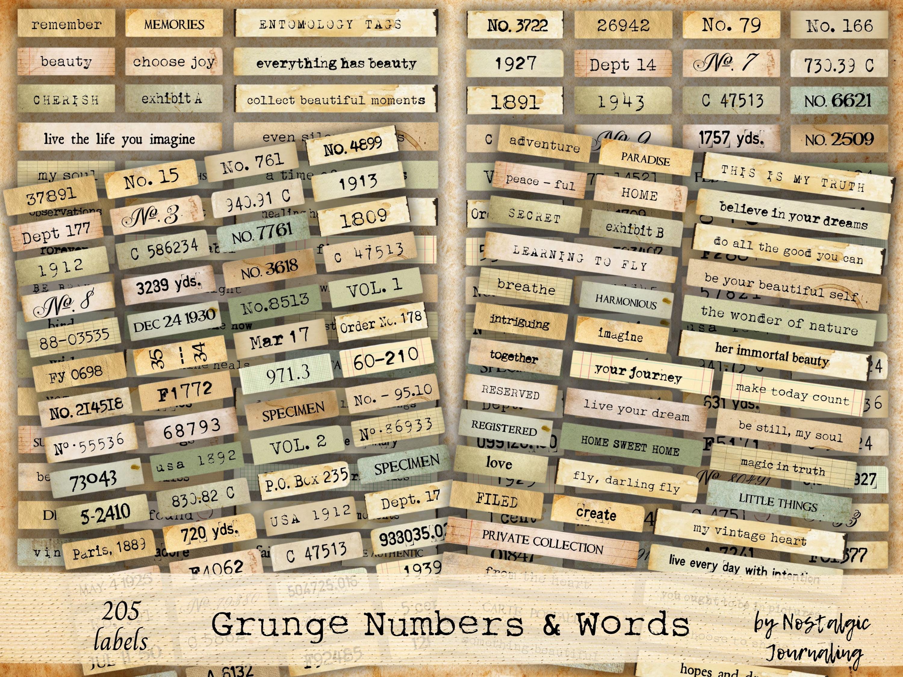 Printable GRUNGE NUMBERS & WORDS, Digital Junk Journaling Download ...
