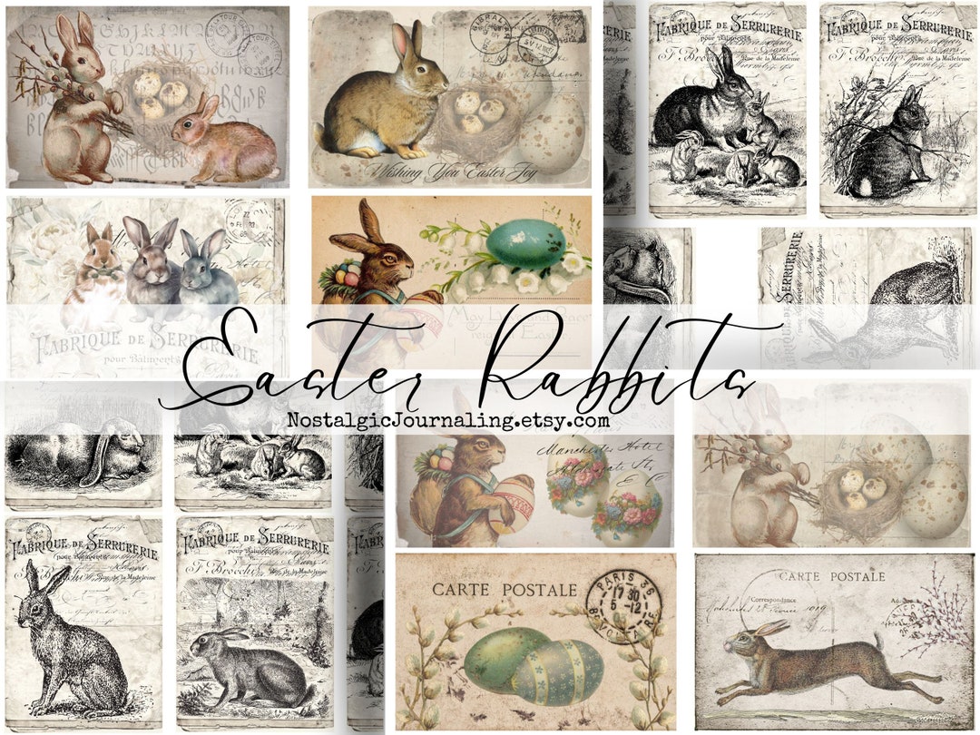 EASTER RABBITS Digital Download Postcards, Printable Junk Journal Tucks ...