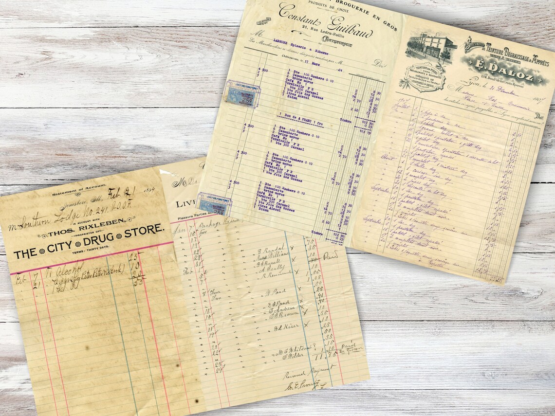 VINTAGE EPHEMERA RECEIPTS Digital Download Kit, 7 Pages of Printable ...