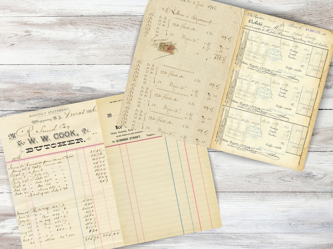 VINTAGE EPHEMERA RECEIPTS Digital Download Kit, 7 Pages of Printable ...