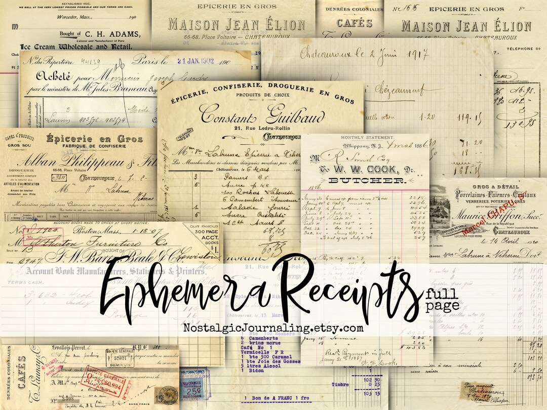 VINTAGE EPHEMERA RECEIPTS Digital Download, 11 Pages Printable Vintage ...