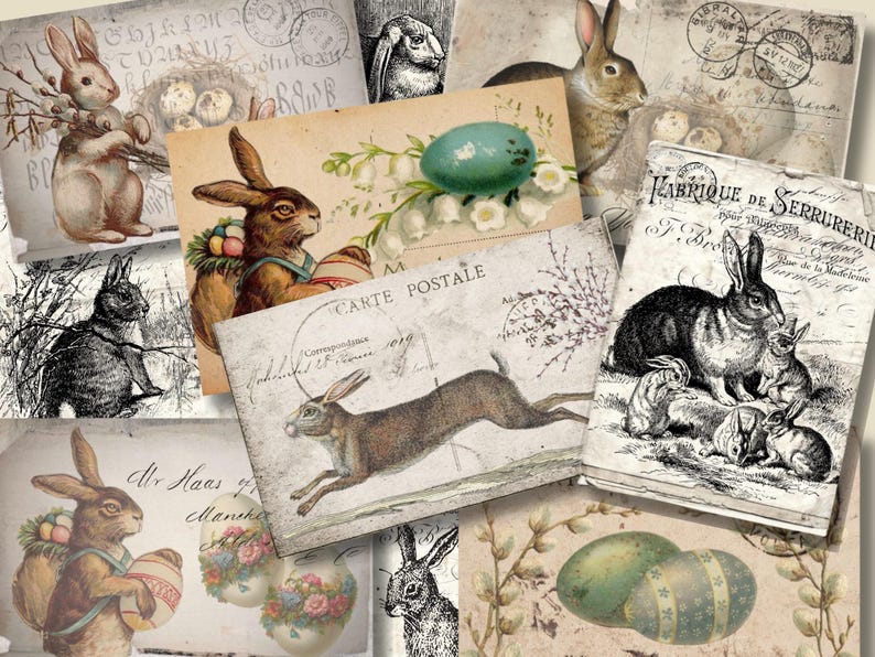 Printable EASTER RABBIT Postcards, Vintage Ephemera Digital Download ...