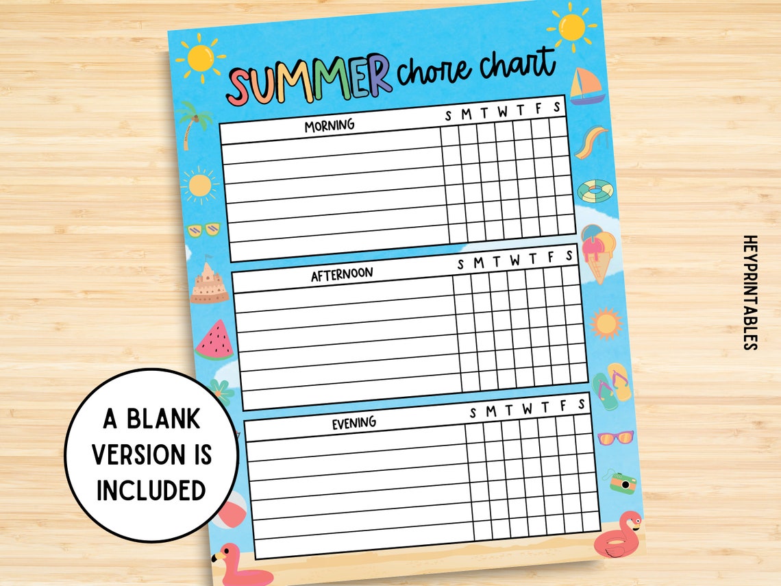 Fun Summer Chore Chart for Kids, Editable Chore Reward Chart, Kids ...
