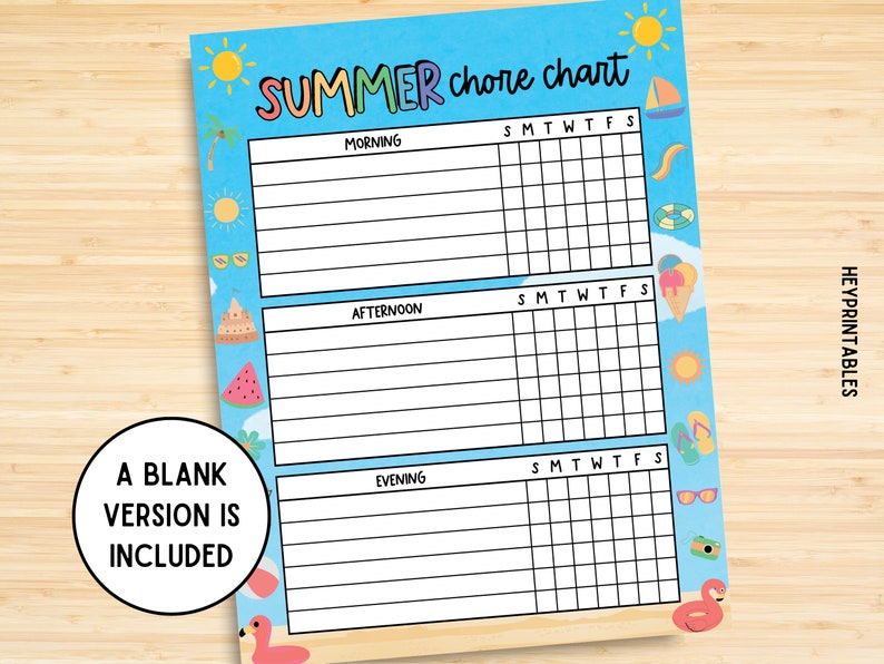 Fun Summer Chore Chart for Kids, Editable Chore Reward Chart, Kids ...