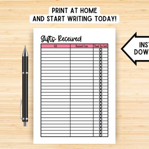 Gifts Received, Bridal or Baby Shower, Birthday Party, Printable Form ...